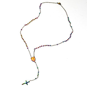 Blowin 3mm Rainbow Beads Christian Rosary Necklace for Women Men, Colorful Stainless Steel Praying Rosary Necklace Jewelry, 26 Inch