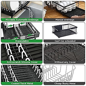 Ollieroo Dish Drying Rack, Rustproof Dish Racks for Kitchen Counter with Removable Utensil Holder,Knife Slots and Cups Holder,Large Capacity Drying Rack for Storage Plates Bowls Cups Utensil(Black)