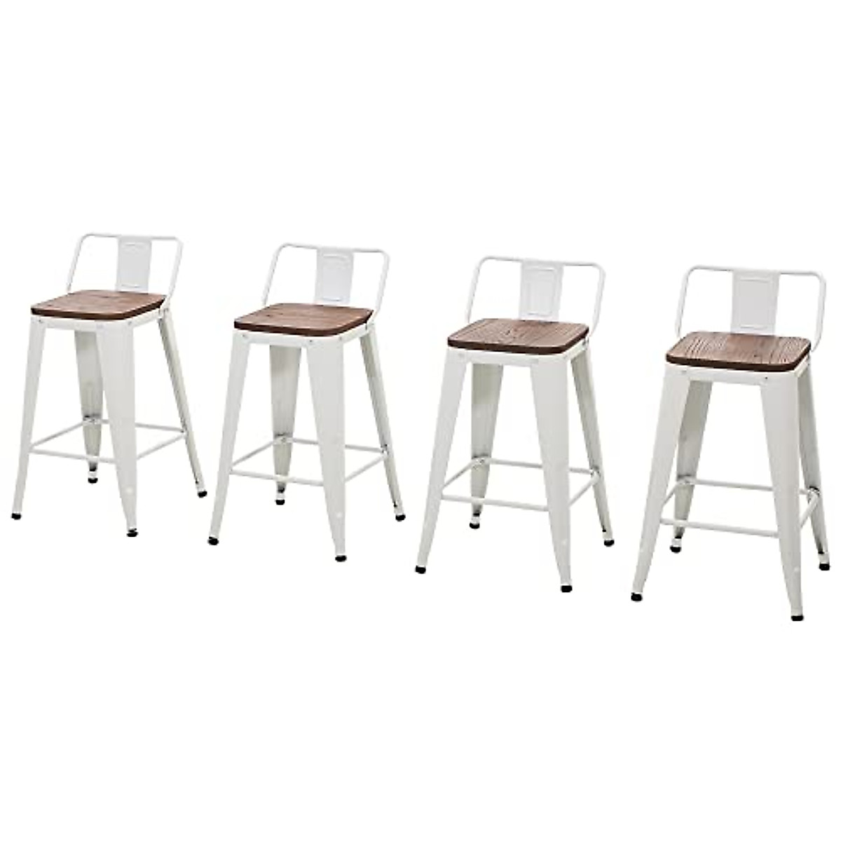 Sophia & William 24 Inch Metal Bar Stools Set of 4 Counter Height Detachable Low Back Bar Stools with Wooden Seat,Indoor/Outdoor Barstools,Creamy White
