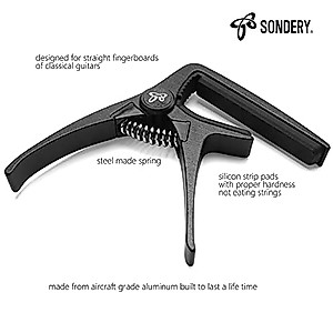 Sondery Capo for Classical Guitars, Ultra Light Clamp for Nylon Strings Straight Fingerboard Guitars, Equipped with Steel Spring Trigger (black)