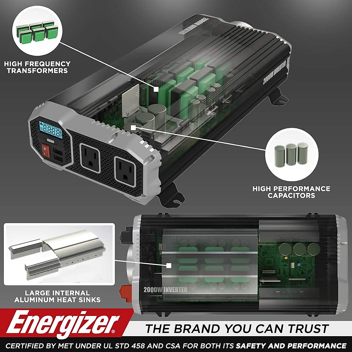 Energizer 2000 Watts Power Inverter Modified Sine Wave Car Inverter, 12v to 110v, Two AC Outlets, Two USB Ports (2.4 Amp), DC to AC Converter, Battery Cables Included – ETL Approved Under UL STD 458
