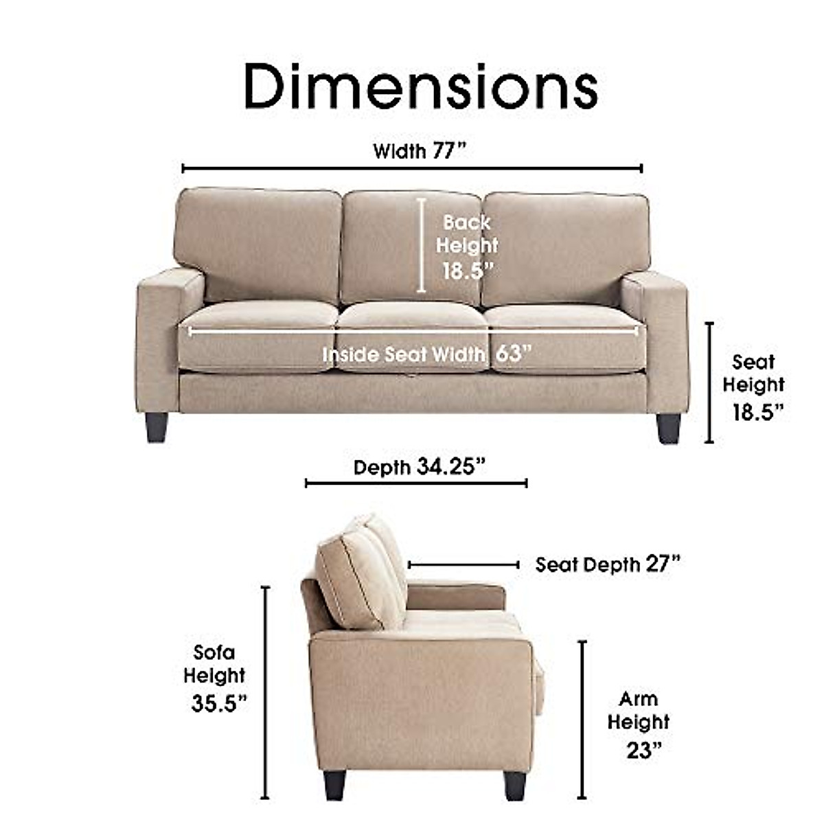 Serta Palisades Sofas with Storage 1 Modern Design, Track Arms, Foam-Filled Cushions, Easy-to-Clean Fabric Upholstery, 77", Soft Beige