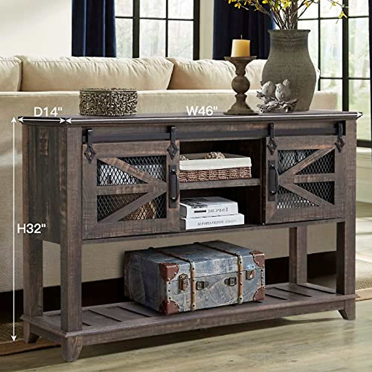 OKD Entryway Table w/Sliding Barn Doors, 46'' Farmhouse & Industrial Console Table with Storage, Rustic Sofa Table w/Adjustable Shelf & Open Shelf for Entry Way, Hallway, Living Room, Dark Rustic Oak