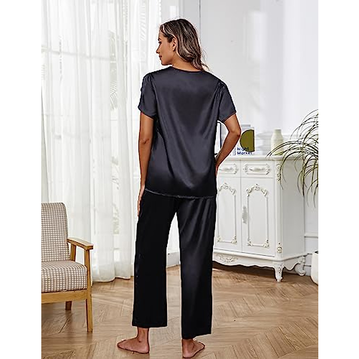 HBZDQB Satin Pajama Set for Women Short Sleeve Sleepwear Silk Soft Nightwear Comfy Loungewear daily Pjs Sets Fall Pyjama Black XL