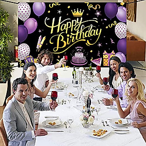 Lovyan Happy Birthday Backdrop Banner Extra Large Fabric Purple Gold Sign Poster Photo Booth Background for Men Women Birthday Anniversary Party Decoration Supplies, 71 x 43.3 Inch (Crown)