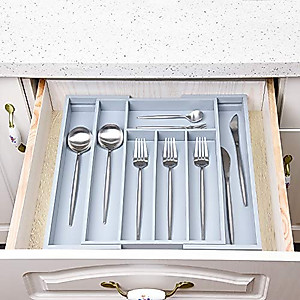 WuGeShop Bamboo Kitchen Drawer Organizer Expandable, Large Flatware Utensil Organizer, Adjustable Silverware Cutlery Tray for Knives, Spoons, Forks (7 Slots, Gray)