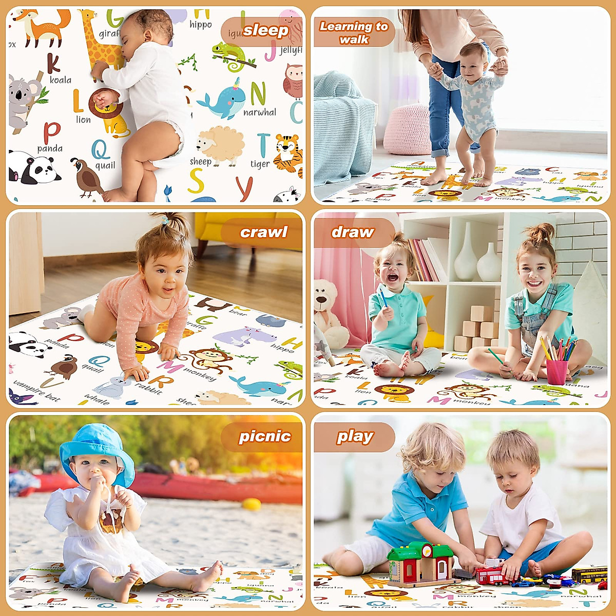 Tradder Alphabet ABC Portable Baby Play Mat 43 x 43 Inch Boho Animal Washable Foldable Non-Slip Crawling Mat for Babies Kids Play Mats Pad for Floor Playpen Toddler Infants Tummy Time Activity Mat