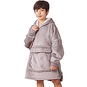 Blanket Hoodie Kids, Oversized Wearable Blanket Sweatshirt with Hood Pocket&Sleeves, Soft Thick Flannel Sherpa Hooded Blanket for Teens Boys Girls