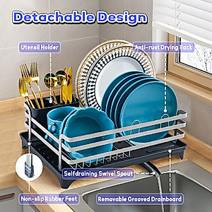 Zarnicy Dish Drying Rack with Drainboard - Dish Racks for Kitchen Counter - Rust Resistant Carbon Steel Dish Drainer with Adjustable Swivel Spout and Removable Cutlery Holder