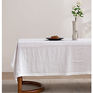 EVERLY Pure Linen Hemstitch Tablecloth,100% Stonewashed French Linen tablecloths for Kitchen Dining Rectangle Tables,60x108Inch Machine Washable Christmas Thanksgiving Organic Tablecloth-White