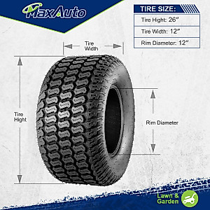MaxAuto 26x12-12 26x12x12 Turf Tires for Lawn & Garden Mower,4 Ply Tubeless, Set of 2