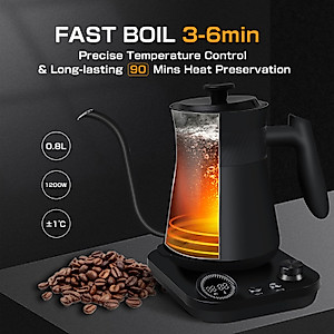 Potlimepan Electric Kettle, 0.8L Temperature Control Electric Kettle with LED Screen, 1200W Quick Heating Gooseneck Pour Kettle with Stainless Steel Interior, Smart Kettle for Coffee & Tea, Black