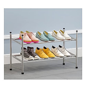 BNMGH 2-Tier Expandable Shoe Rack for Closet, Stainless Steel Freestanding Telescopic and Stackable Sturdy Durable 12-Pairs Storage Organizer Entryway Doorway 1pc (Silver)