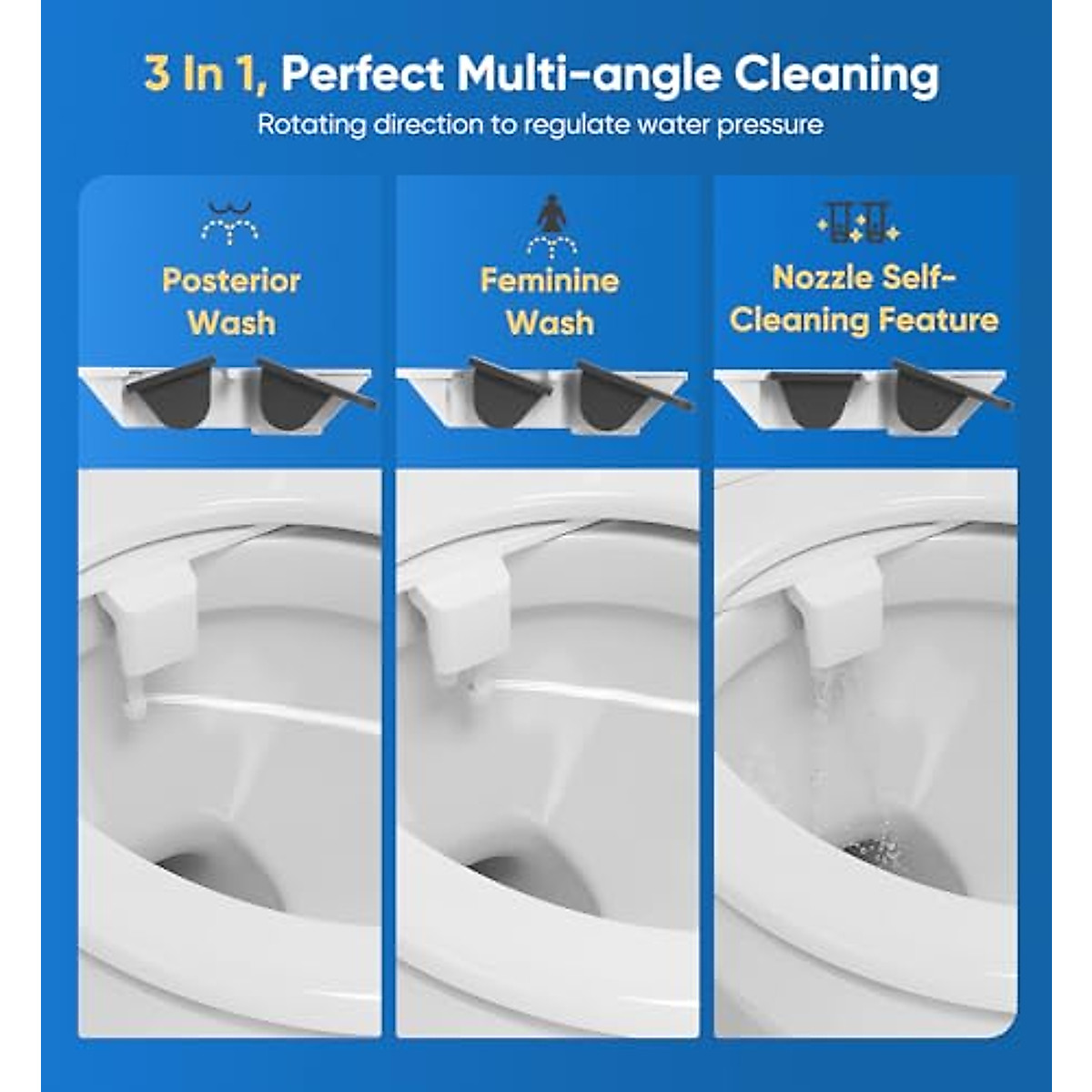 Ultra-Slim 3-in1 Bidet, Self-Cleaning, Posterior&Feminine Wash-(Retractable Dual Nozzles), Non-Electric Bidet Attachment for Toilet Seat, Adjustable Fresh Cold Water Pressure, Stainless Steel Inlet