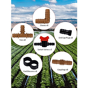 Kalolary 42Pcs Drip Irrigation Fittings Kit, 5/8 Inch Hose Barbed Connectors for Compatible Drip or Sprinkler System(2 Switch Valves, 8 Couplings, 8 Tees, 8 Elbows, 8 End Closures, 8 End Cap Plugs)