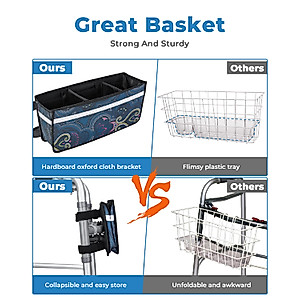 ISSYAUTO Walker Basket, Strap Mount Walker Cup Drink Holder with Two Split Board, Foldable Walker Storage Bag, Best Present for Family and Friends - Navy (Not Fit Rollator Walkers)