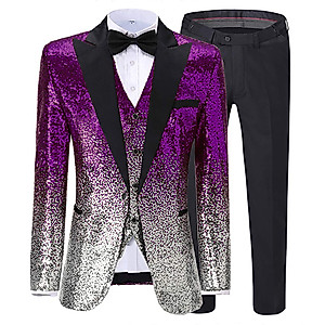 Zeattall Men's Suit Three Pieces Shiny Sequin Mens Suit Notch Lapel Tuxedo for Wedding(40 Regular,Purple-Silver)