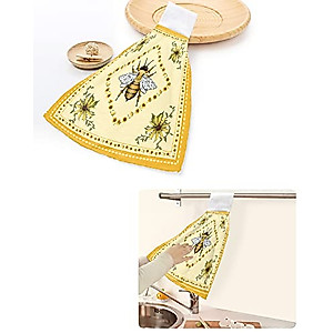 DecorLovee Summer Bee Hanging Kitchen Towels 2 Pack, Hand Towels with Hanging Loop for Bathroom, Yellow Lace Farmhouse Sunflower Rustic Kitchen Hand Towels Absorbent Dish Cloths Tie Dry Towel 18"x14"