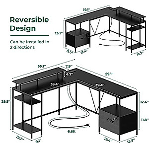 Huuger L Shaped Desk with Power Outlets & LED Lights, Reversible Computer Desk with Storage Shelves & File Cabinet, Corner Desk Home Office Desk, Black