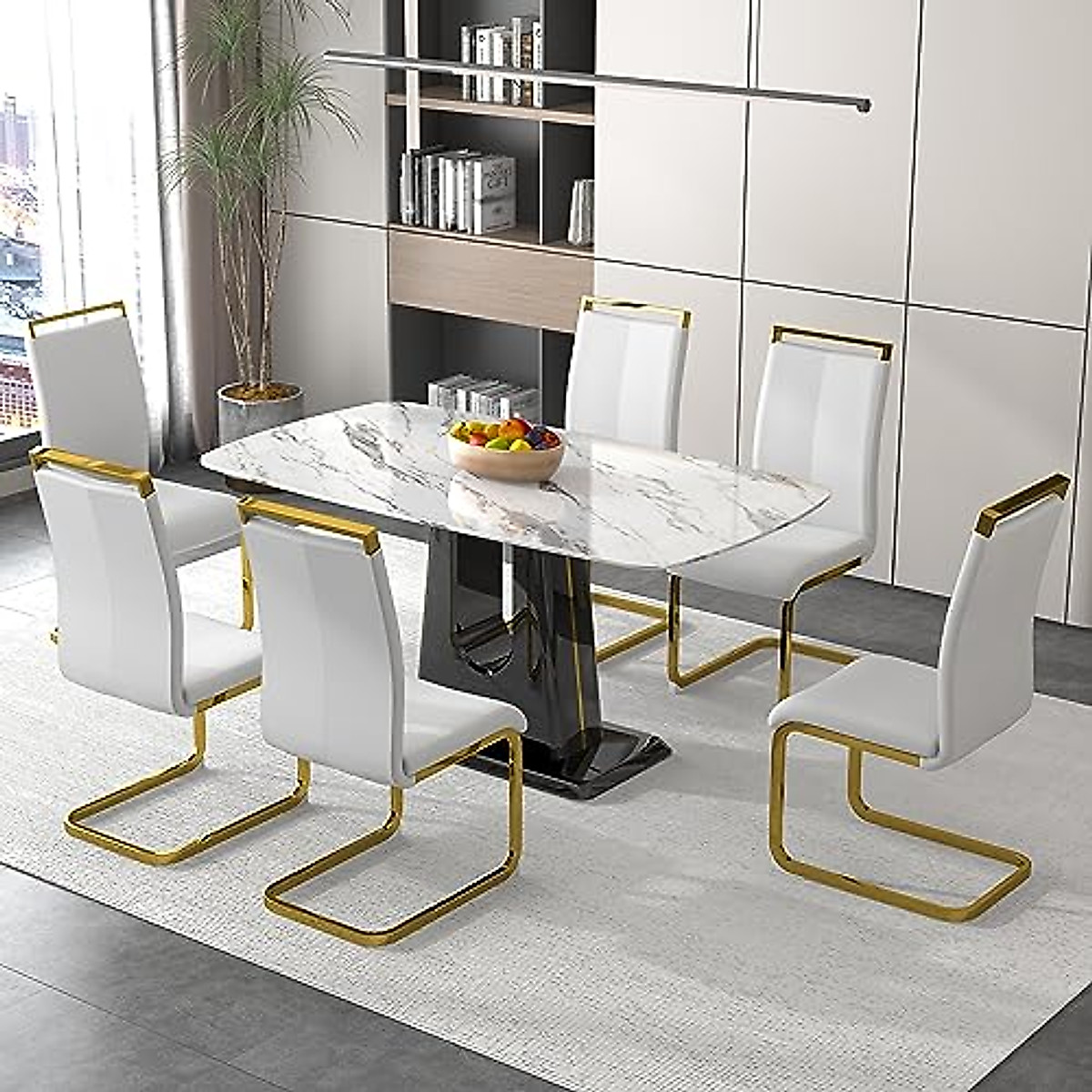 Luxurious Dining Table Set for 4, 63'' White Imitation Marble Tabletop with MDF U-Shaped Legs, Rectangle Glass Kitchen Table with 4 pcs White Leather Dining Chairs for Home Living Room