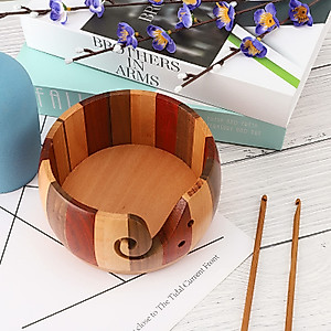 NZXVSE Wooden Yarn Bowl Holder, Dia 7 Inch Handmade Craft Knitting Bowl with Bamboo Handle Crochet Hook, DIY Knitting Crochet Yarn Storage, Multicolor, 15*8cm