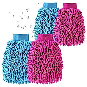 CoralHouse Car Cleaning,Car Wash Mitt Microfiber-4PK, Scratch & Lint Free, Premium Chenille Microfiber Wash Mitt-Blue and Red