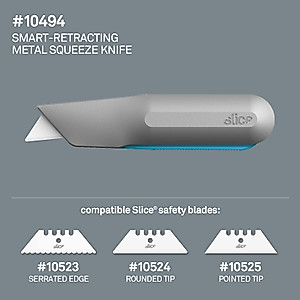 Slice 10494, Squeeze Knife Box Cutter, Ceramic Blade, Finger Friendly, Lasts 11x as Long, Safety Lock Switch, Metal Handle, Blade Smartly Retracts While Cutting, 6 Pack