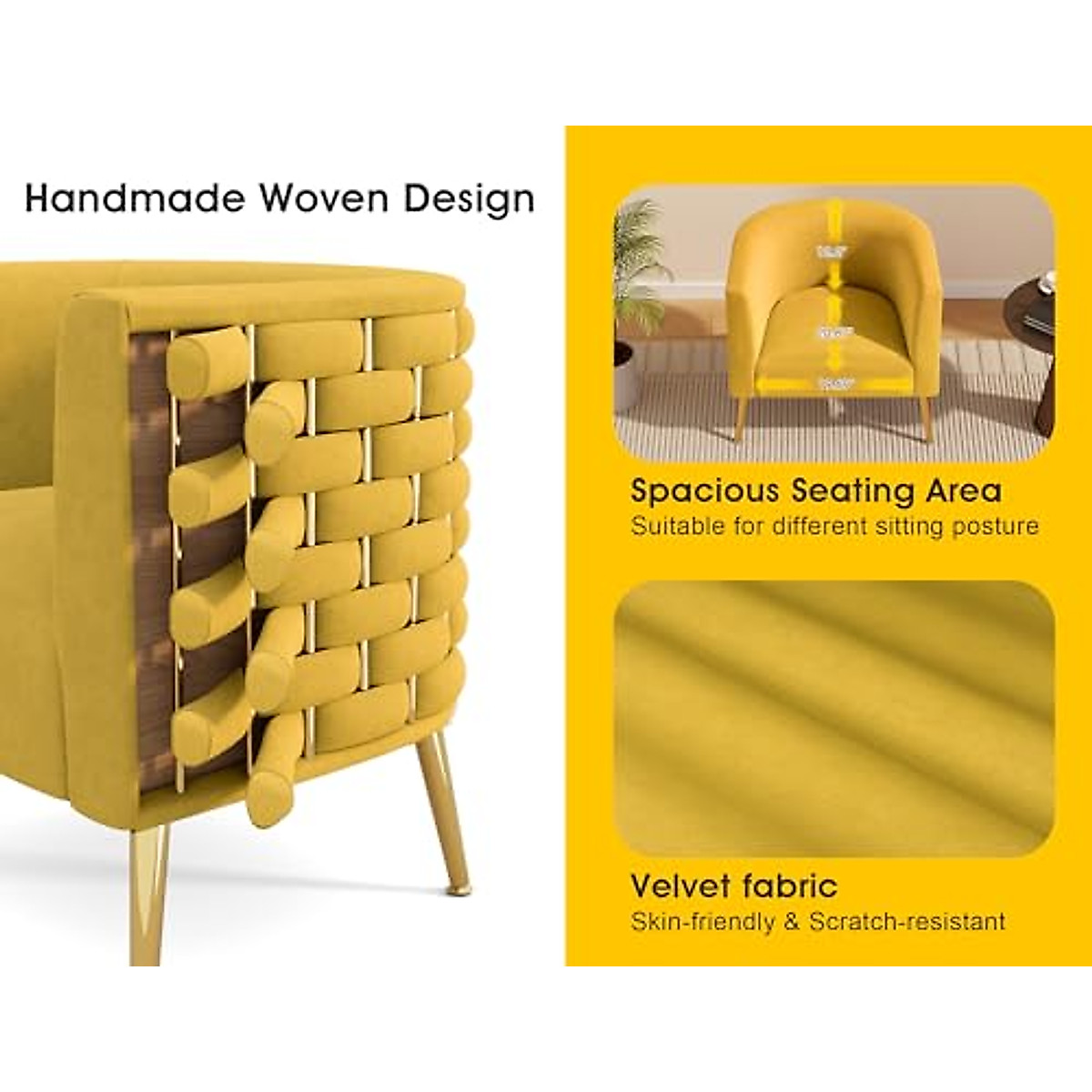 Dewhut Modern Velvet Barrel Accent Chair, Comfy Wide Handmade Woven Bucket Arm Chair, Fluffy Tufted Upholstered Single Sofa Chair for Living Room, Bedroom, Office, Waiting Room(Yellow)