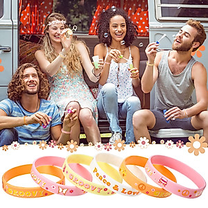 28 Pieces Groovy Retro Hippie Silicone Wristbands Daisy Flower Peace and Love Rubber Bracelets Daisy Party Favors for Kids adults 60s 70s Two Groovy themed Birthday Party Decoration Supplies