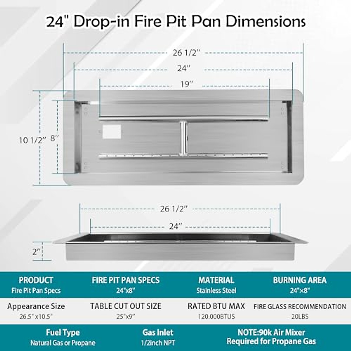 24" x 8" Drop-in Fire Pit Pan, Rectangular Stainless Steel Natural & Propane Gas Firepit Insert Kit with H-Burner, Spark Ignition and Propane Hose Kit for Indoor & Outdoor, Rated for up to 120,000 BTU