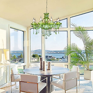 Green K9 Crystal Candle Chandeliers Lighting Modern Pendant Lights Ceiling Fixture Lamp for Dining Living Room Bedroom Hallway Entry Elegant Decoration 8 Lights E12 Base, H20.5 x W28.3 Inch (Upgraded)