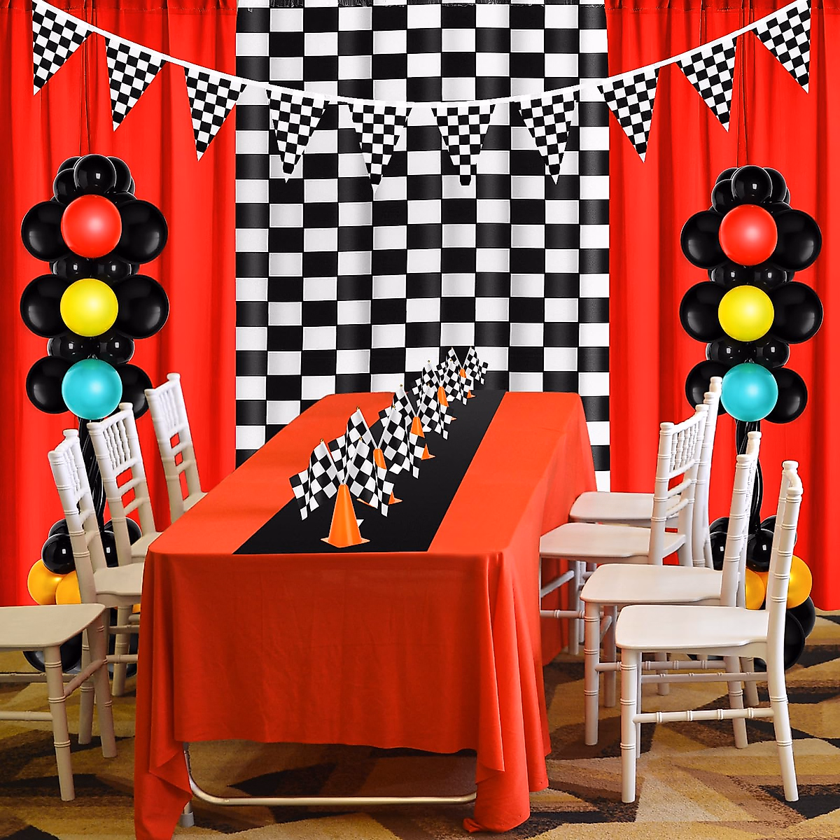 WinnerWhy 179 Pcs Racing Birthday Party Decorations Includes 141 Traffic Lights Balloon Stand Set 12 Traffic Cones 24 Racing Waving Flags 1 Grid String Flags 1 Racetrack Floor Runner