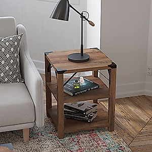 Flash Furniture Wyatt Modern Farmhouse 3 Tier Side Table - Rustic Oak Engineered Wood Frame - Black Metal Crisscross Side Braces and Corner Accents