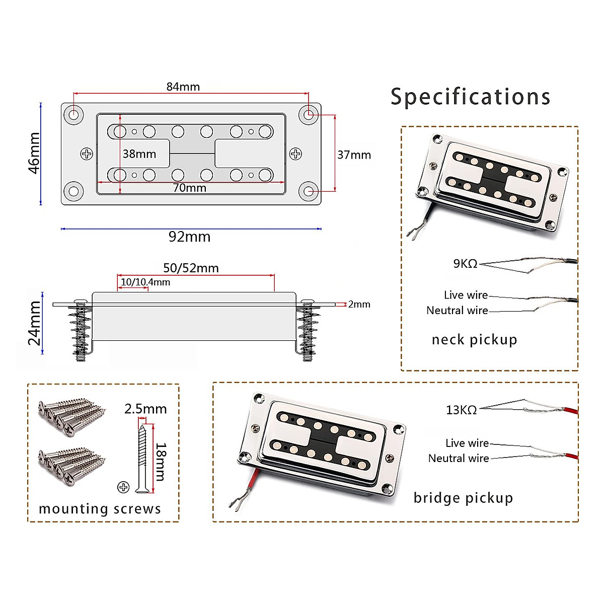 LAMSAM Humbucker Pickups Set, High Output Flush Polepiece Ceramic Magnet PUP Compatible Electric Guitar with Humbucker Pickup Configuration, Double Coil Bridge Neck Pick-up Replacements, Chrome