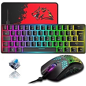 SELORSS ZIYOULANG T60 60% Compact Mechanical Gaming Keyboard RGB Chroma Type C Ergonomic Mini Keyboard UK Layout 12000DPI Gaming Mouse Honeycomb Shell for PC/PS4/PS5/Xbox(Blue Switch)