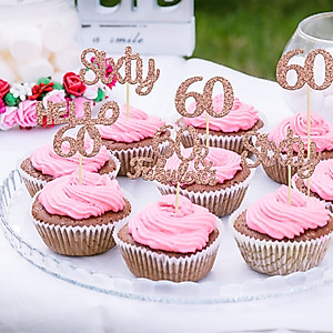 Gyufise 24Pcs Rose Gold Glitter 60th Birthday Cupcake Toppers Hello 60 Sixty Cake Toppers 60 & fabulous Cupcake Picks 60th Birthday Cake Decorations Supplies