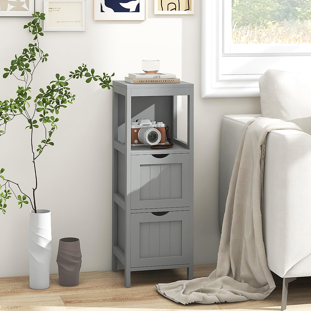 Tangkula Small Bathroom Storage Cabinet with 2 Removable Drawers, Wood Freestanding Floor Cabinet for Bathroom, Anti-Tipping Device, Side Corner Small Cabinet for Small Spaces (Grey)