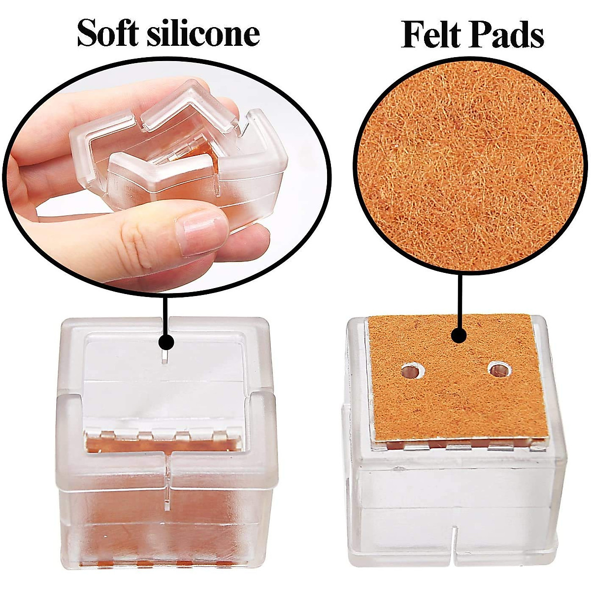 TEKEFT Chair Leg Wood Floor Protectors Flexible Silicone Square 1-1/8" to 1-3/8" Clear (24 pack）