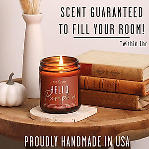 Pumpkin Spice Candle, Fall Candles - 'Hello Pumpkin' Pumpkin Candle, Autumn Scented Soy Candles for Home, Fall Scented Candles for Home, Fall Home Décor, 9oz Reusable Jar, 50Hr Burn, Made in USA
