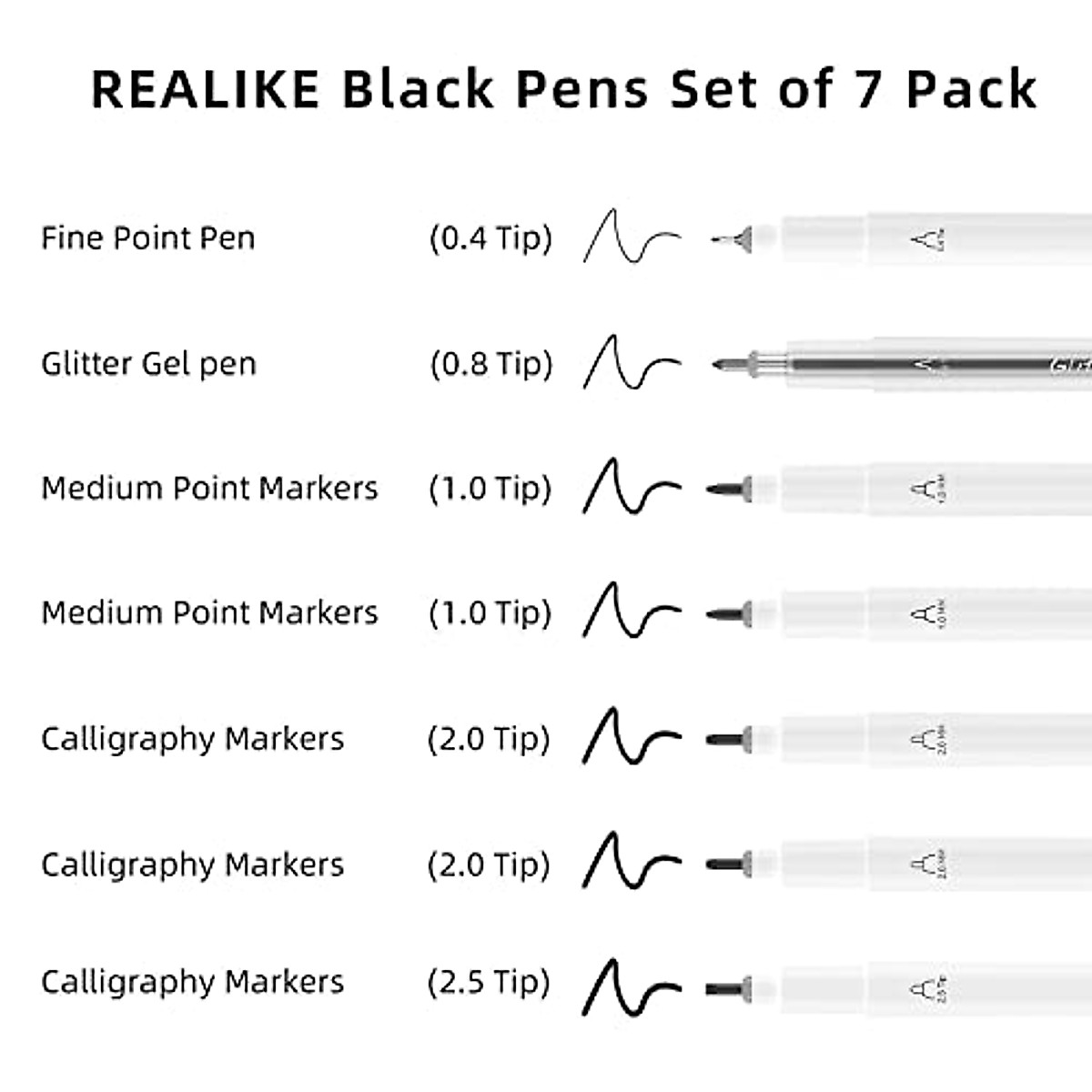 REALIKE Black Pens Set for Cricut Joy, 7 Pack Variety Pens Include Fine Point Pen,Glitter Gel, Marker, Calligraphy Writing Drawing Pens Compatible with Cricut Joy Machine