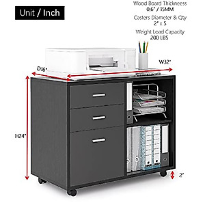 WILLIAMSPACE 3-Drawer Wood File Cabinet, Mobile Lateral Filing Cabinet on Wheels for Printer Stand with Open Storage Shelves for Home Office (Black Oak + Dark Grey)