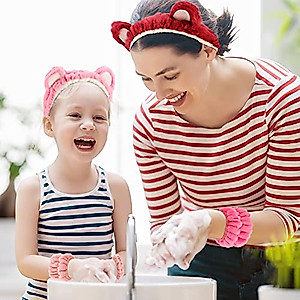 AMCAMI 6 Pcs Spa Headband Face Wash Headband and Wristband Set, Girls' Cute Bear Ears Headband Plush Animal Makeup Skincare Headbands with Face Washing Wristband for Women