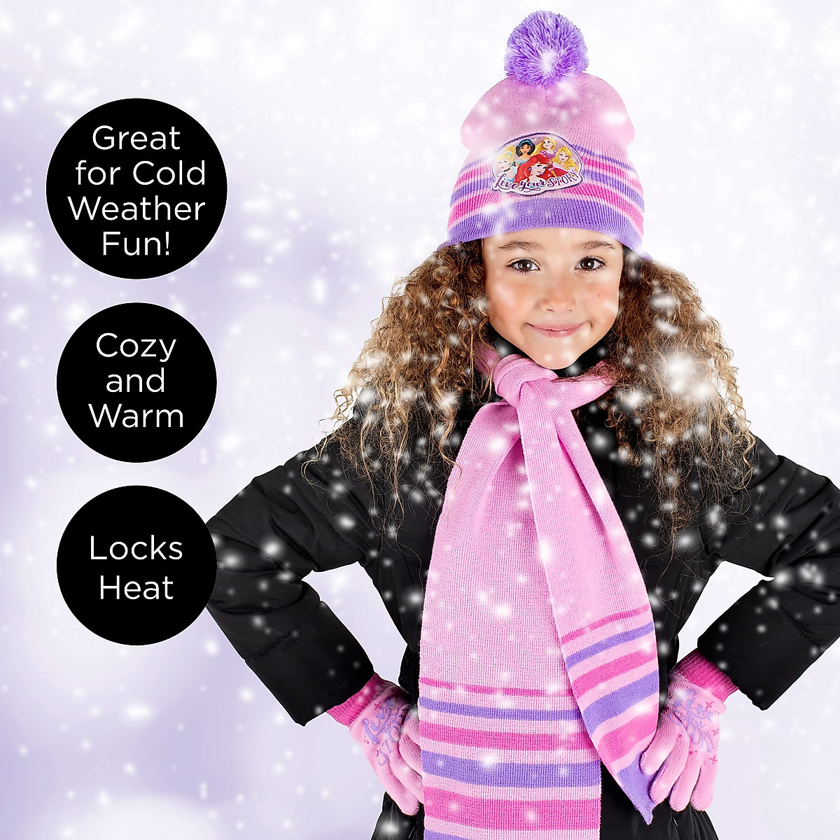 Disney Girls Princess Winter Hat, Scarf, & Kids Gloves Set For Ages 4-7, Pink/Purple