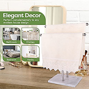 Homeries Marble Hand Towel Holder - Stainless Steel Towel Stand with Round Marble Base - Double T-Shape Hand Towel Valet for Bathroom, Vanity Top Towel Stand, Counter Towel Bar, Jewelry Rack