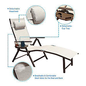 GOLDSUN Aluminum Outdoor Folding Reclining Adjustable Patio Chaise Lounge Chair with Pillow for Poolside Backyard and Beach Set of 2, Set of Two, Beige