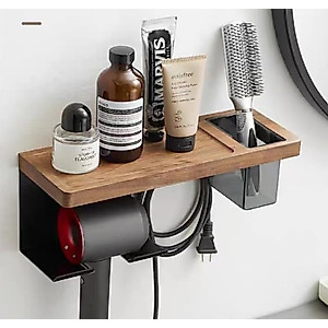 Sino Salected Walnut Hair Dryer Holder Wall Mounted, Blow Dryer Organizer for Bathroom, Aluminum Alloy Multi-functional Hair Dryer Rack for Supersonic, Morden Black