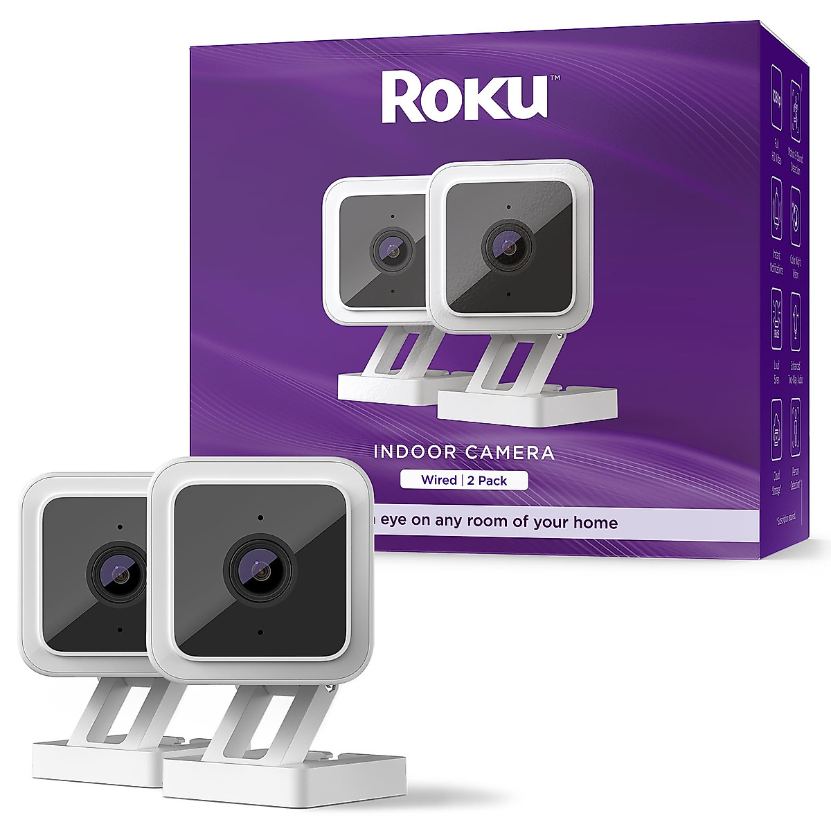 Roku Indoor Camera for Home Security, 2-Pack - Wired Security Camera with 1080p HD Color Night Vision, Compatible with Alexa & Google, Motion & Sound Detection, Built-in Siren (Renewed)