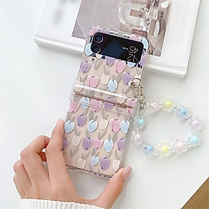 HANASE Cute Beads Pendant Flower Painting Hinge Phone Case for Samsung Galaxy Z Flip 4 3 Z Flip3 Flip4 5G Clear Hard Protective Cover,Z5,for Z Flip 4
