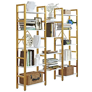 oneinmil Industrial Bookshelves 5 Tiers Corner Bookcases,Large Book Shelf with Metal Frame Open Storage Corner Cabinet for Living Room Home Office,Golden
