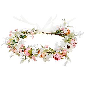 WOVOWOVO Rose Flower Crown for Women Baby Girls, Adjustable Flower Girl Headpiece with Ribbon Fairy Crown Pink Bride Hair Accessories Wedding Boho Flower Headband Festival Photo Props